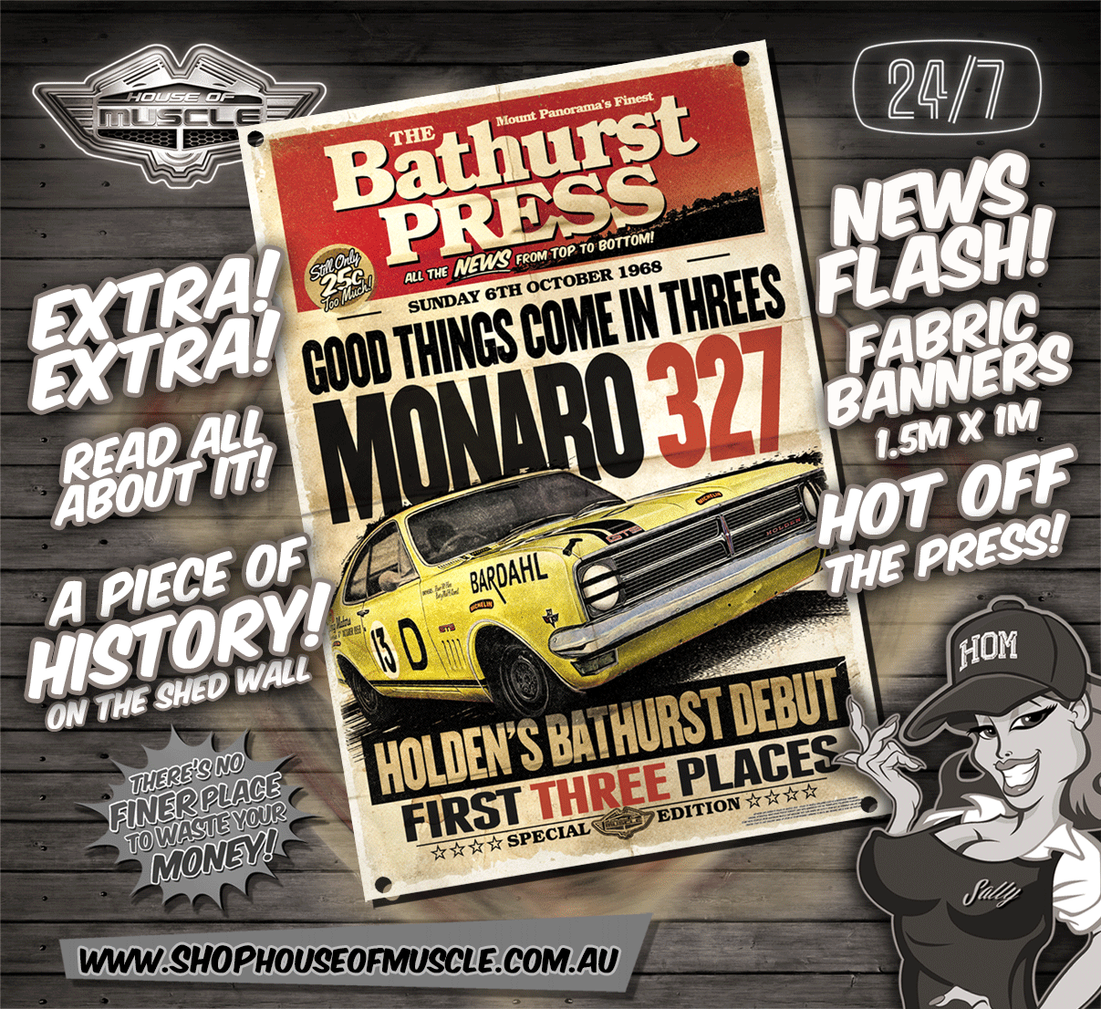 NEWS STAND BATHURST 1968 HOLDEN HK MONARO FABRIC BANNER 1.5M x 1M ...