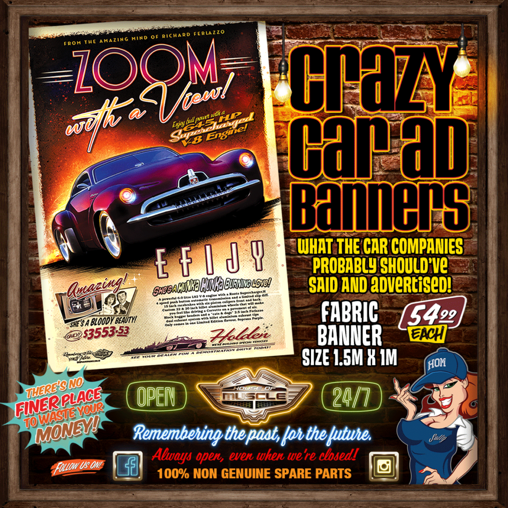 HOLDEN EFIJY 50’S RETRO AD CRAZY DEALERSHIP ADVERTISING FABRIC BANNER 1 ...